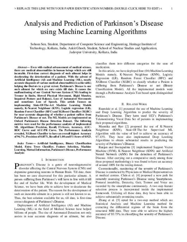 Pdf Analysis And Prediction Of Parkinson S Disease Using Machine Learning Algorithms Ankit