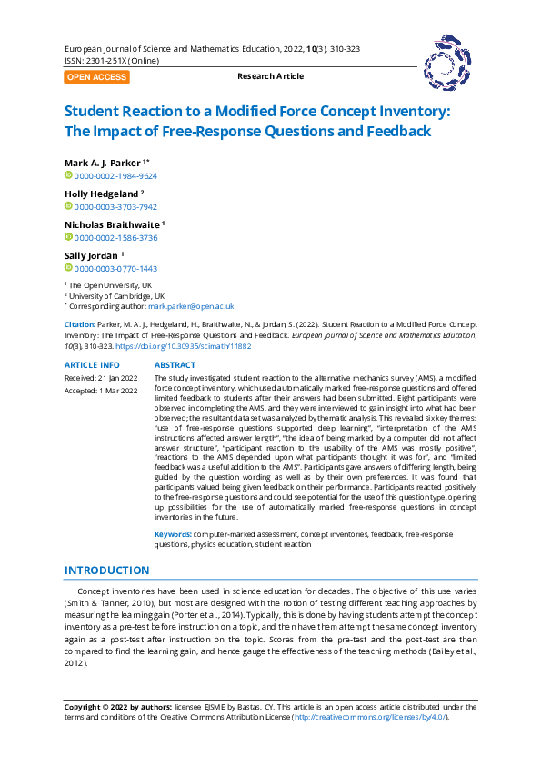 (PDF) Student Reaction to a Modified Force Concept Inventory: The Impact of Free-Response ...
