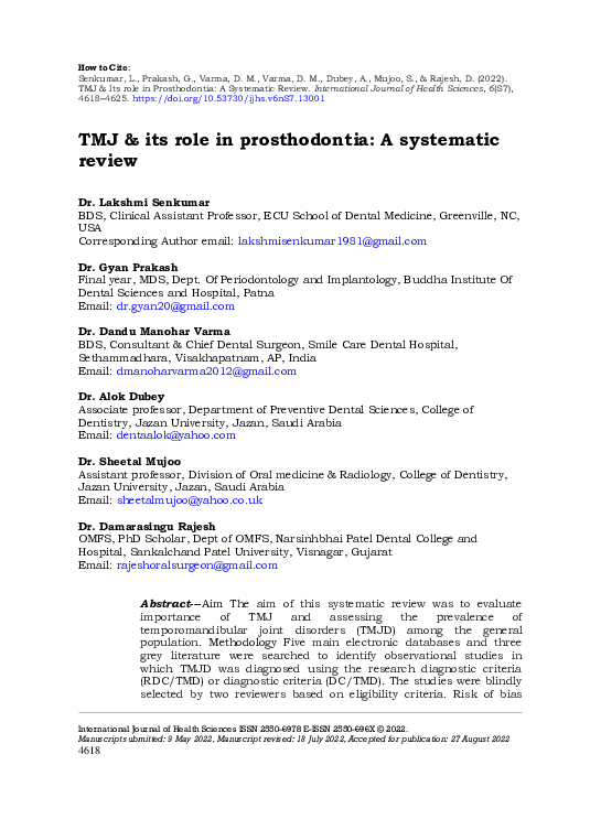 (PDF) TMJ & Its role in Prosthodontia: A Systematic Review