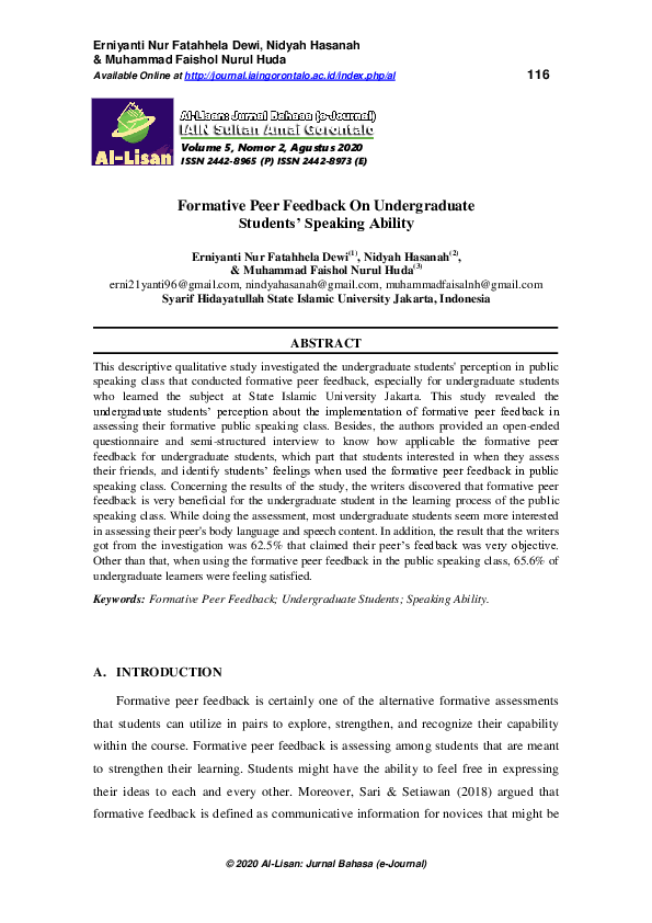 (PDF) Formative Peer Feedback On Undergraduate Students’ Speaking Ability