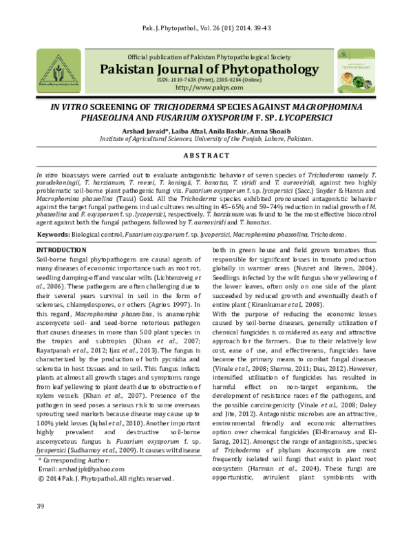 (PDF) In Vitro Screening of Trichoderma Species Against Macrophomina Phaseolina and Fusarium ...