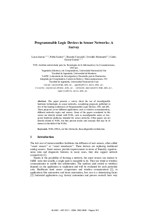 (PDF) Programmable Logic Devices in Sensor Networks: A Survey