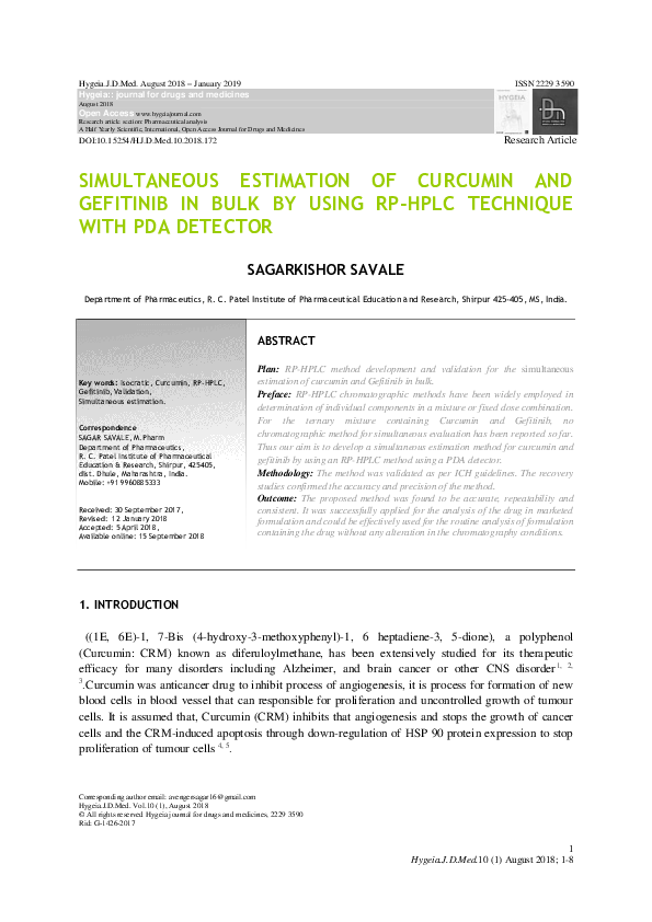Pdf Simultaneous Estimation Of Curcumin And Gefitinib In Bulk By Using Rp Hplc Technique With