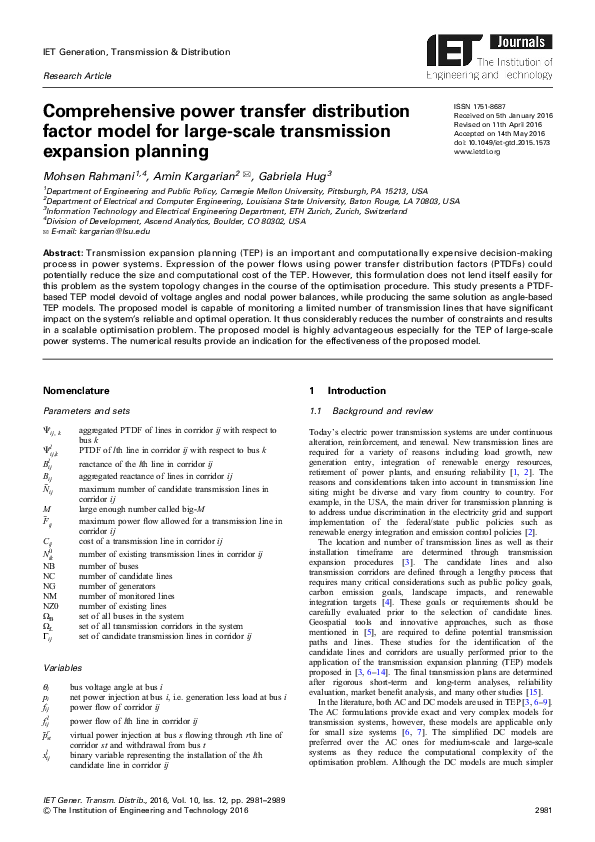 Pdf Comprehensive Power Transfer Distribution Factor Model For Large‐scale Transmission