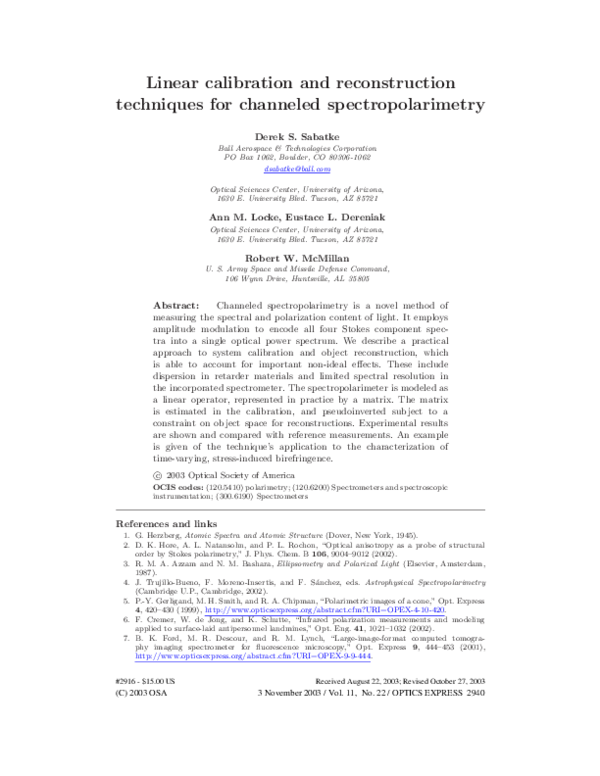 (PDF) Linear calibration and reconstruction techniques for channeled spectropolarimetry