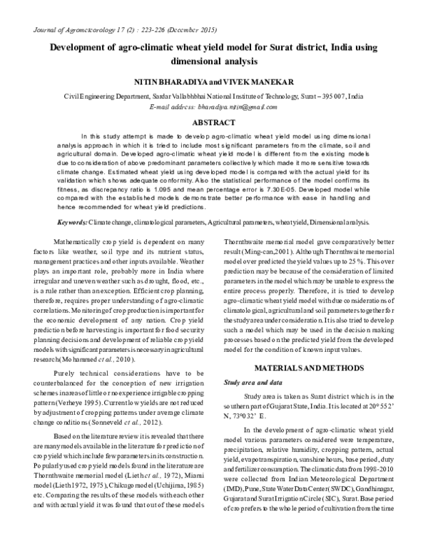 (PDF) Development of agro-climatic wheat yield model for Surat district, India using dimensional ...