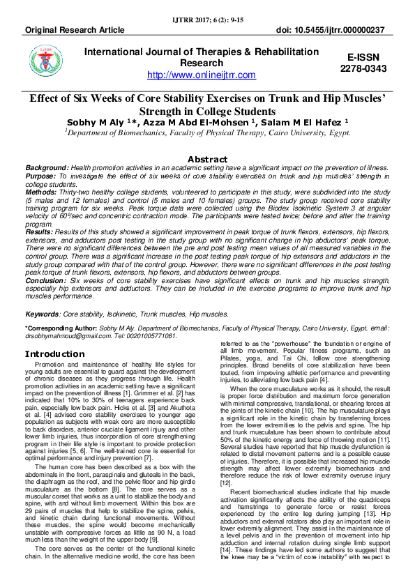 (PDF) Effect of Six Weeks of Core Stability Exercises on Trunk and Hip Muscles' Strength in ...