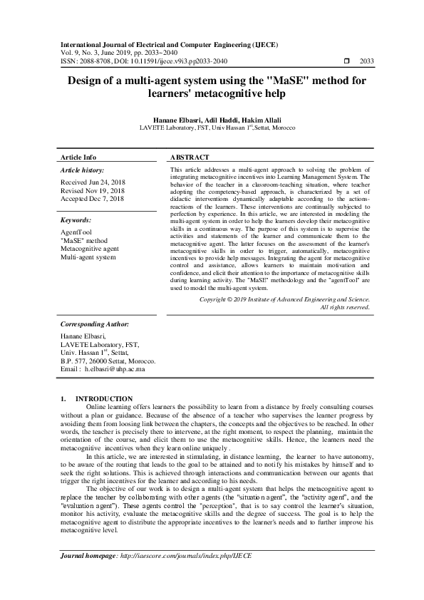 (PDF) Design of a multi-agent system using the "MaSE" method for learners' metacognitive help