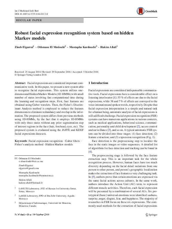 (PDF) Robust facial expression recognition system based on hidden Markov models