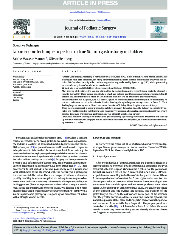 (PDF) Laparoscopic technique to perform a true Stamm gastrostomy in children