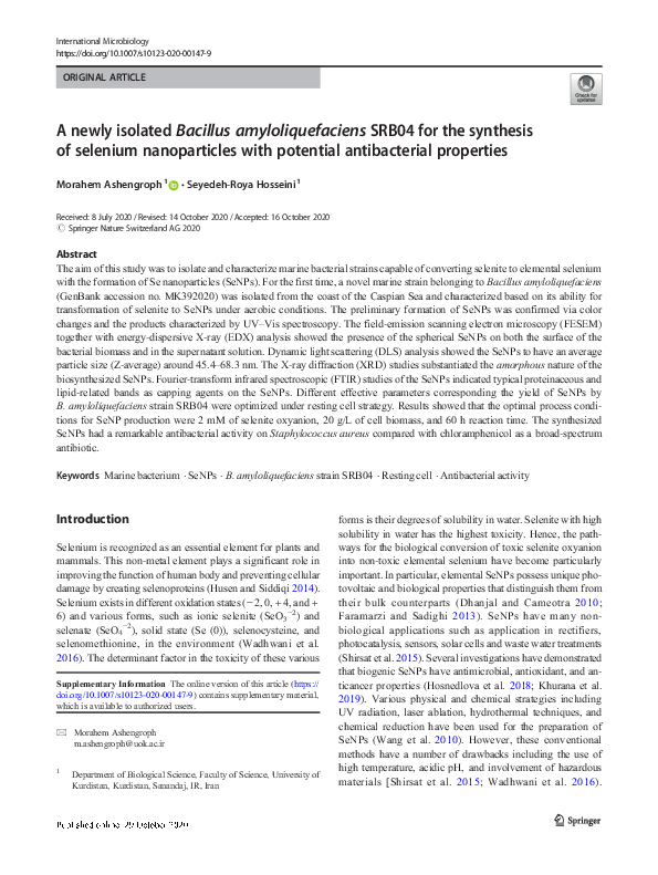 (PDF) A newly isolated Bacillus amyloliquefaciens SRB04 for the synthesis of selenium ...