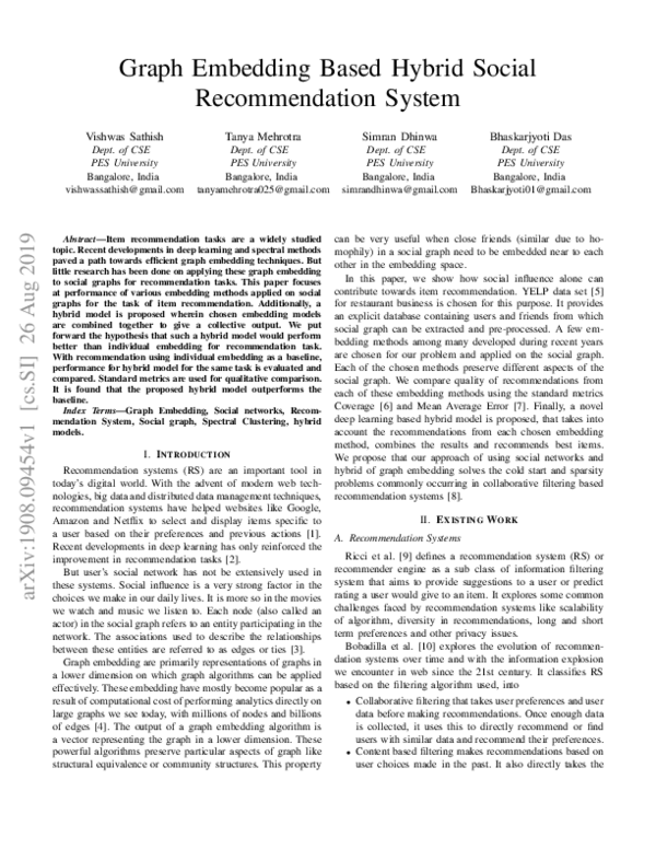 (PDF) Graph Embedding Based Hybrid Social Recommendation System