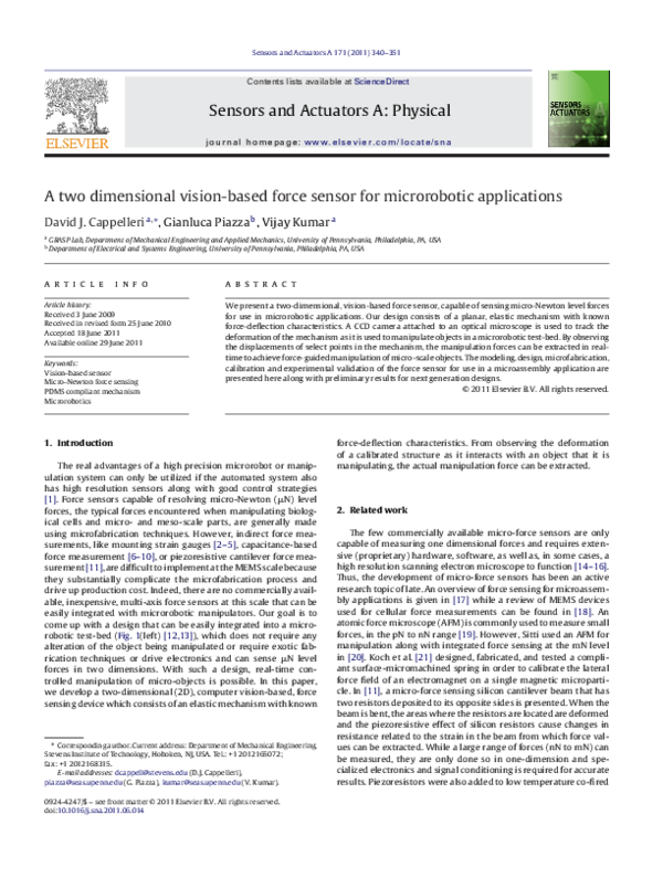 (PDF) A two dimensional vision-based force sensor for microrobotic applications