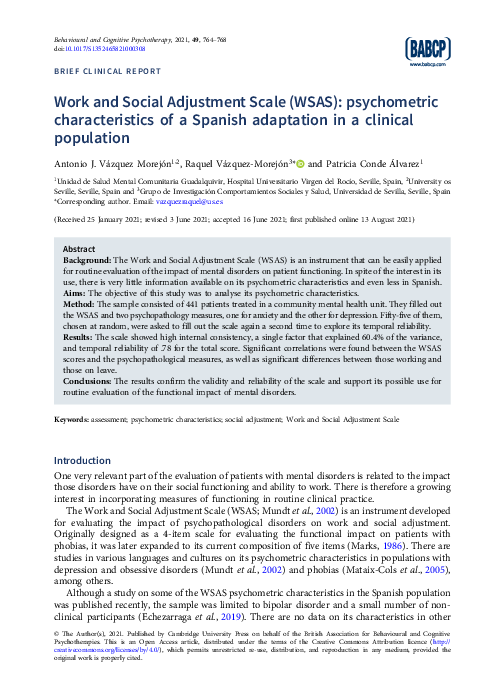 (PDF) Work and Social Adjustment Scale (WSAS): psychometric ...