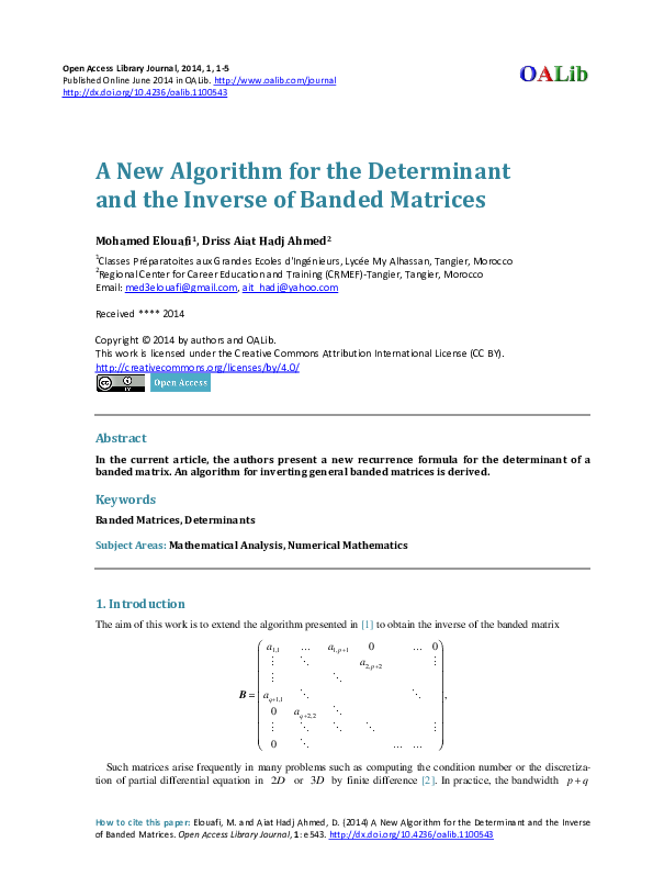 (PDF) A New Algorithm for the Determinant and the Inverse of Banded Matrices