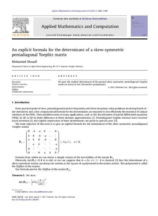 (PDF) An explicit formula for the determinant of a skew-symmetric pentadiagonal Toeplitz matrix