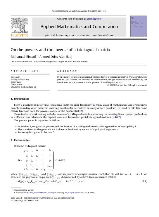 (PDF) On the powers and the inverse of a tridiagonal matrix | Mohamed Elouafi - Academia.edu