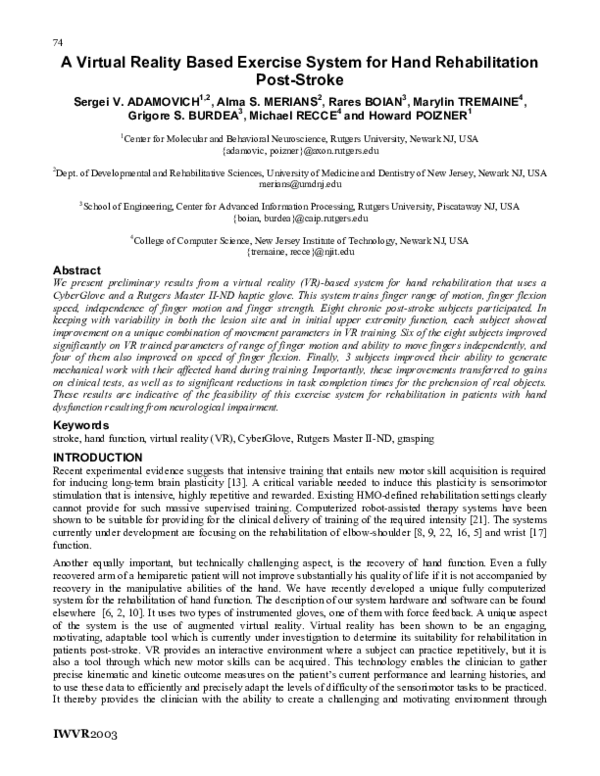 Pdf A Virtual Reality—based Exercise System For Hand Rehabilitation Post Stroke Marilyn