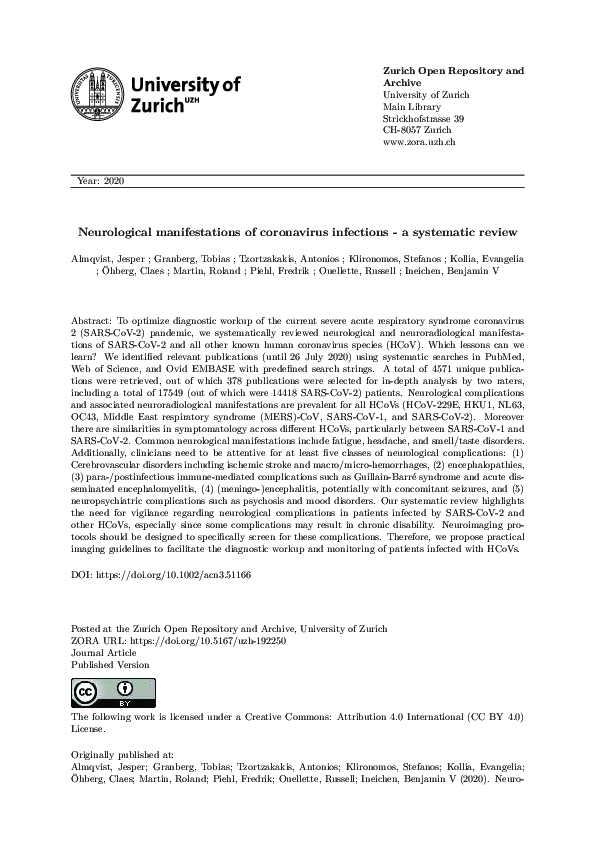 (PDF) Neurological manifestations of coronavirus infections – a ...