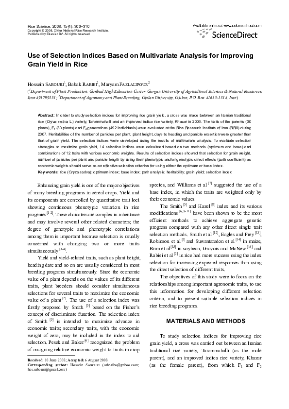 (PDF) Use of Selection Indices Based on Multivariate Analysis for Improving Grain Yield in Rice