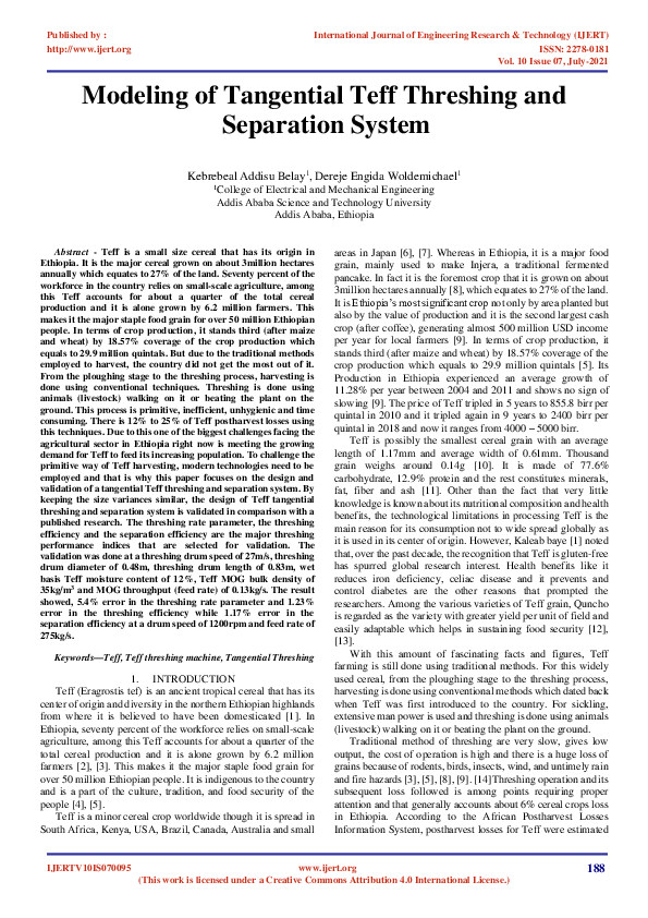 (PDF) Modeling of Tangential Teff Threshing and Separation System