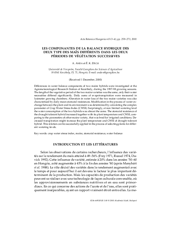 (PDF) Les componantes de la balance Hydrique des deux type des mais ...