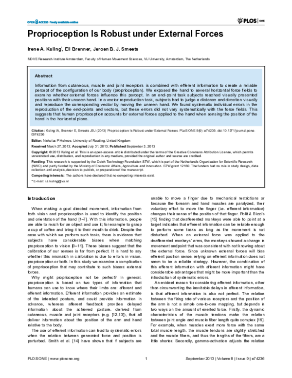 (PDF) Proprioception Is Robust under External Forces | Jeroen Smeets - Academia.edu