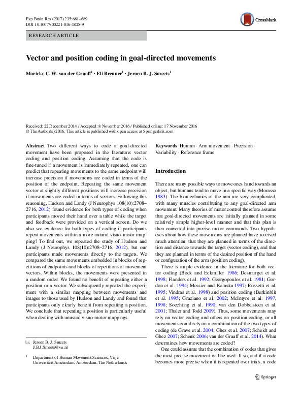 (PDF) Vector and position coding in goal-directed movements