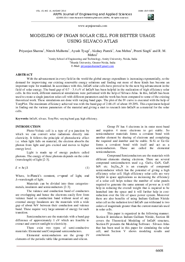 (PDF) Modeling of Ingan Solar Cell for Better Usage Using Silvaco Atlas