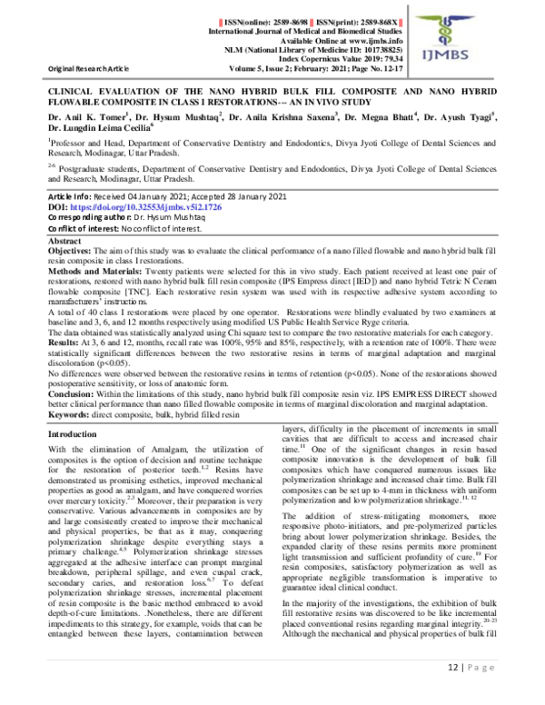 Pdf Clinical Evaluation Of The Nano Hybrid Bulk Fill Composite And Nano Hybrid Flowable