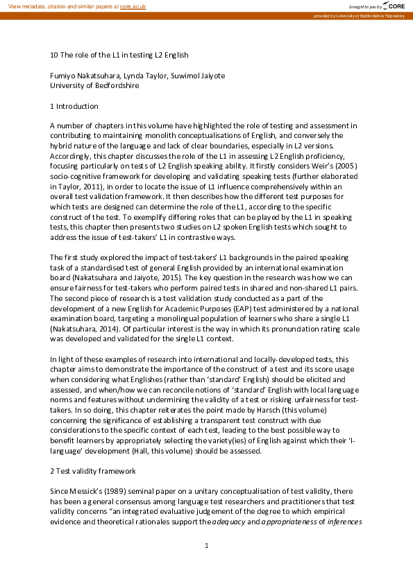 (PDF) The Role of the L1 in Testing L2 English