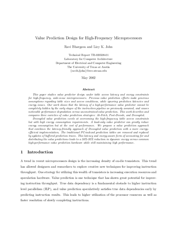 (PDF) Value prediction design for high-frequency microprocessors | Lizy John - Academia.edu