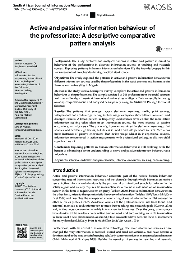 (PDF) Active and passive information behaviour of the professoriate: A descriptive comparative ...