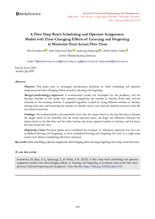 (PDF) Batch Scheduling and Operator Assignment with Learning Effects