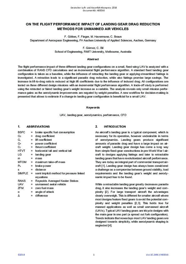 (PDF) On the Flight Performance Impact of Landing Gear Drag Reduction Methods for Unmanned Air ...