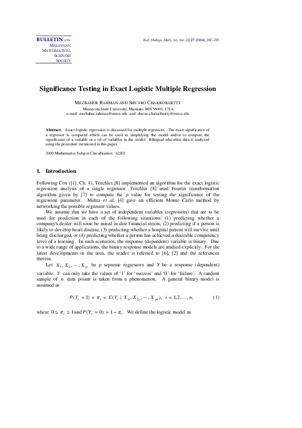 (PDF) Significance Testing in Exact Logistic Multiple Regression