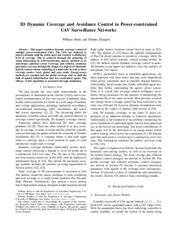 Pdf 3d Dynamic Coverage And Avoidance Control In Power Constrained Uav Surveillance Networks
