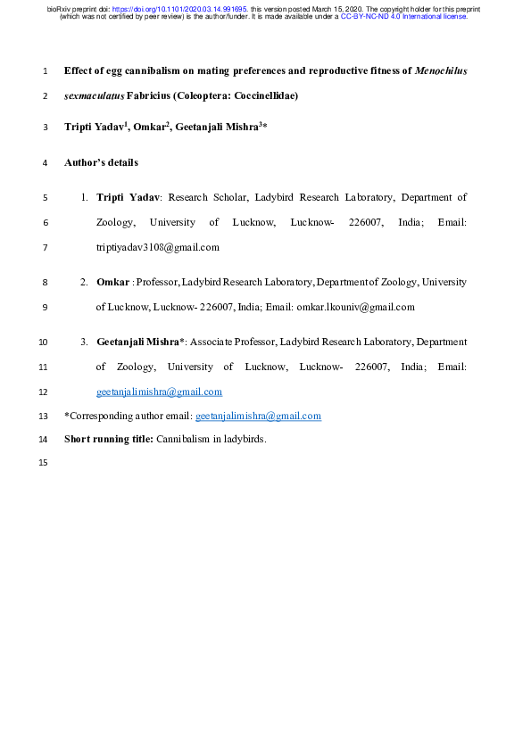 (PDF) Cost of mating in male Menochilus sexmaculatus (Fabricius ...