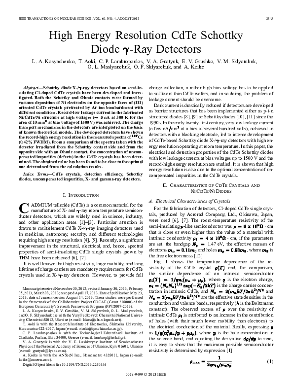 Pdf High Energy Resolution Cdte Schottky Diode Gamma Ray Detectors