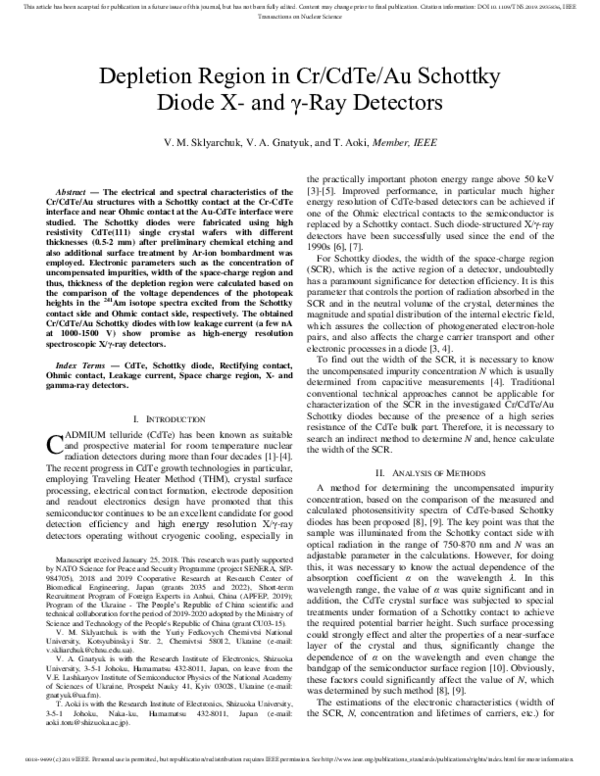(PDF) Depletion Region in Cr/CdTe/Au Schottky Diode X- and $\gamma$ -Ray Detectors
