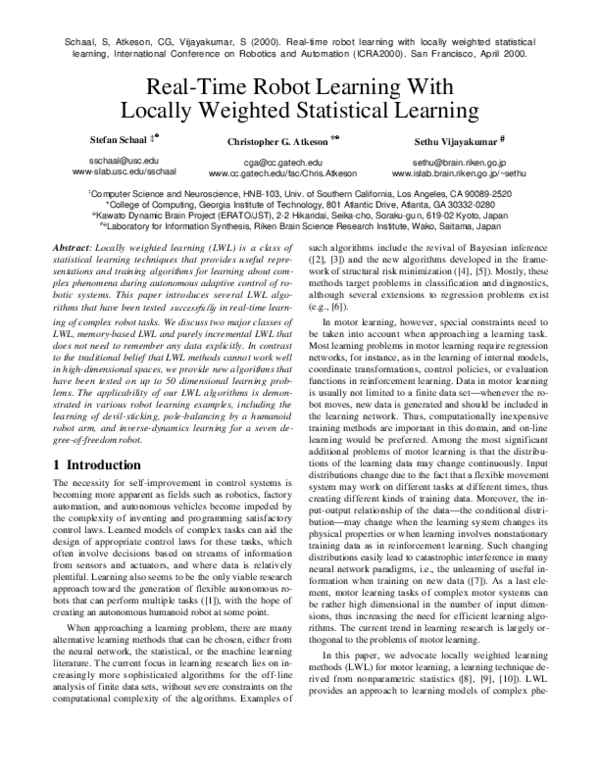 (PDF) Real-time robot learning with locally weighted statistical learning