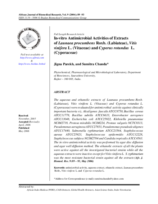 (PDF) In-vitro antimicrobial activities of extracts of Launaea procumbens roxb. (Labiateae ...