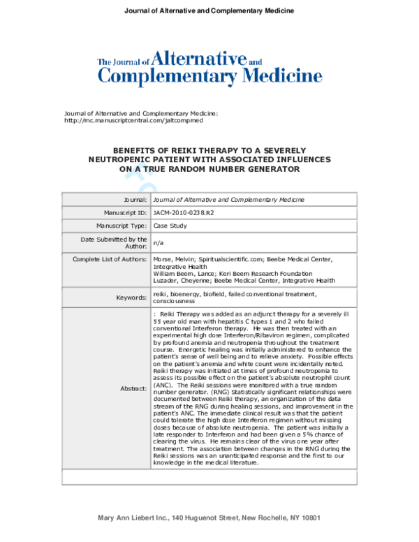 (PDF) Benefits of Reiki Therapy for a Severely Neutropenic Patient with ...