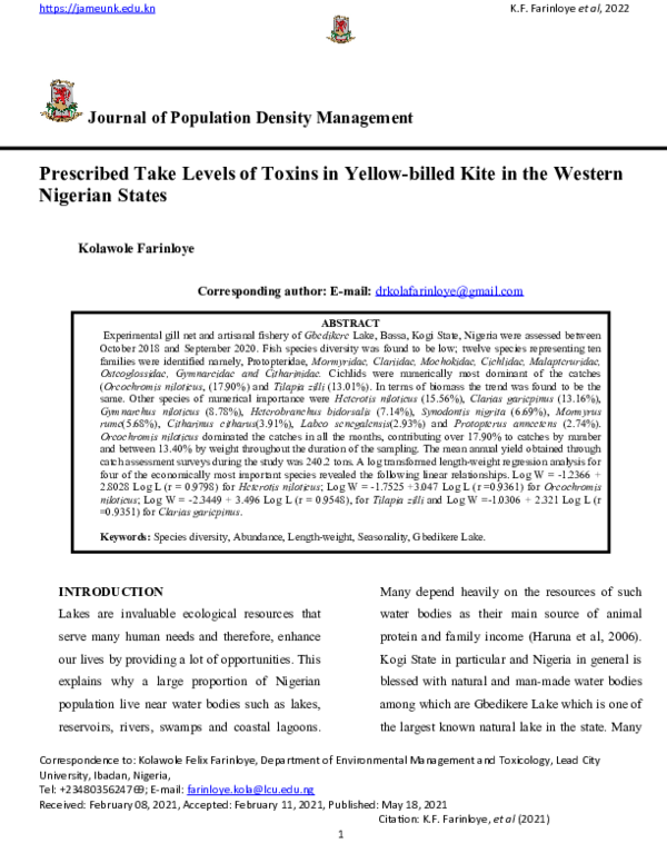 (DOC) Prescribed Take Levels of Toxins in Yellow billed Kite in the ...