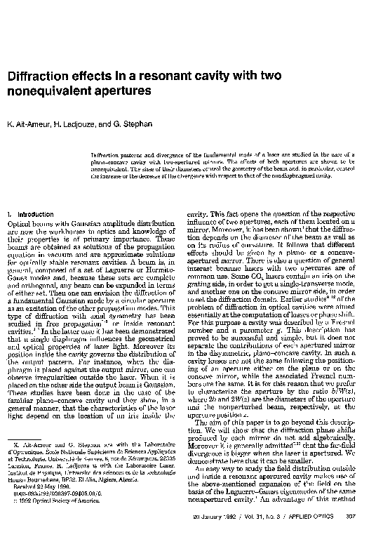 (PDF) Diffraction effects in a resonant cavity with two nonequivalent apertures
