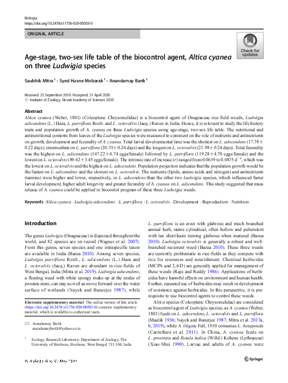 (PDF) Age-stage, two-sex life table of the biocontrol agent, Altica ...