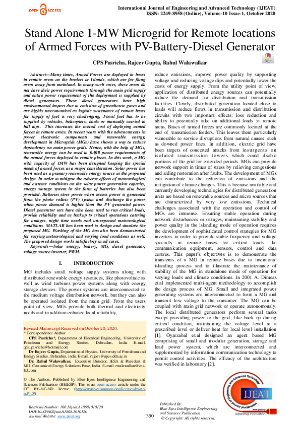 (PDF) Stand Alone 1-MW Microgrid for Remote locations of Armed Forces ...