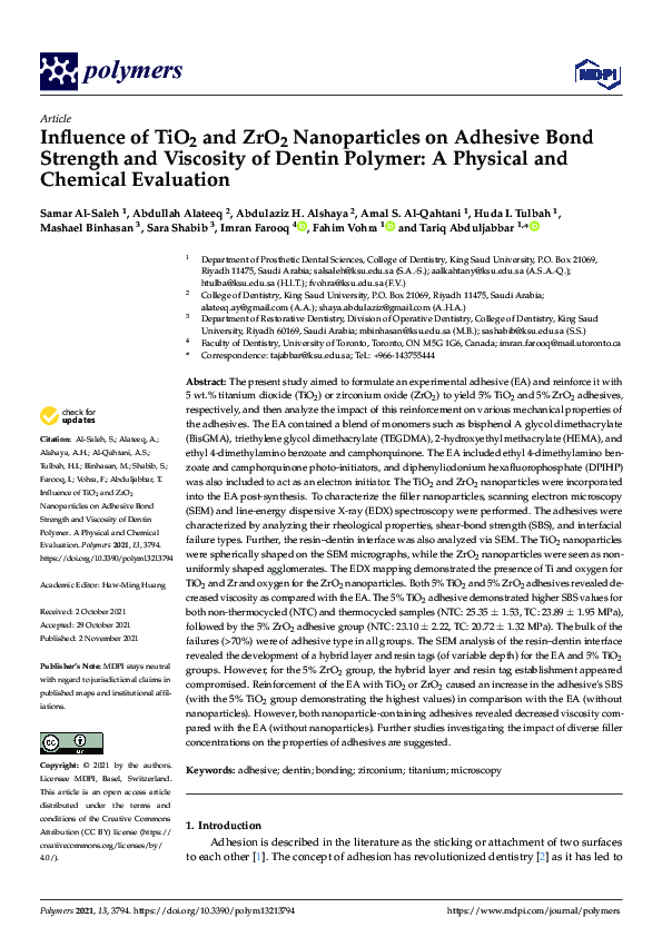 (PDF) Influence of TiO2 and ZrO2 Nanoparticles on Adhesive Bond ...