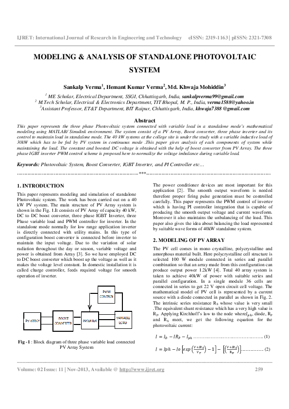 (PDF) Modeling & Analysis of Standalone Photovoltaic System