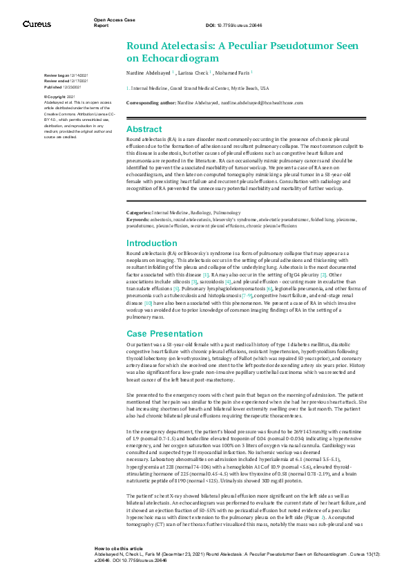 (PDF) Round Atelectasis: A Peculiar Pseudotumor Seen on Echocardiogram